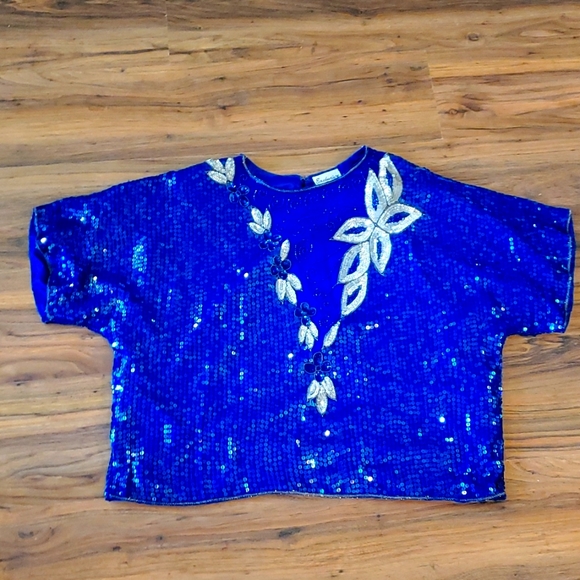 Tops | 198 Sequin Flower Blue Silver Beaded Vintage Slouch 100 Silk ...